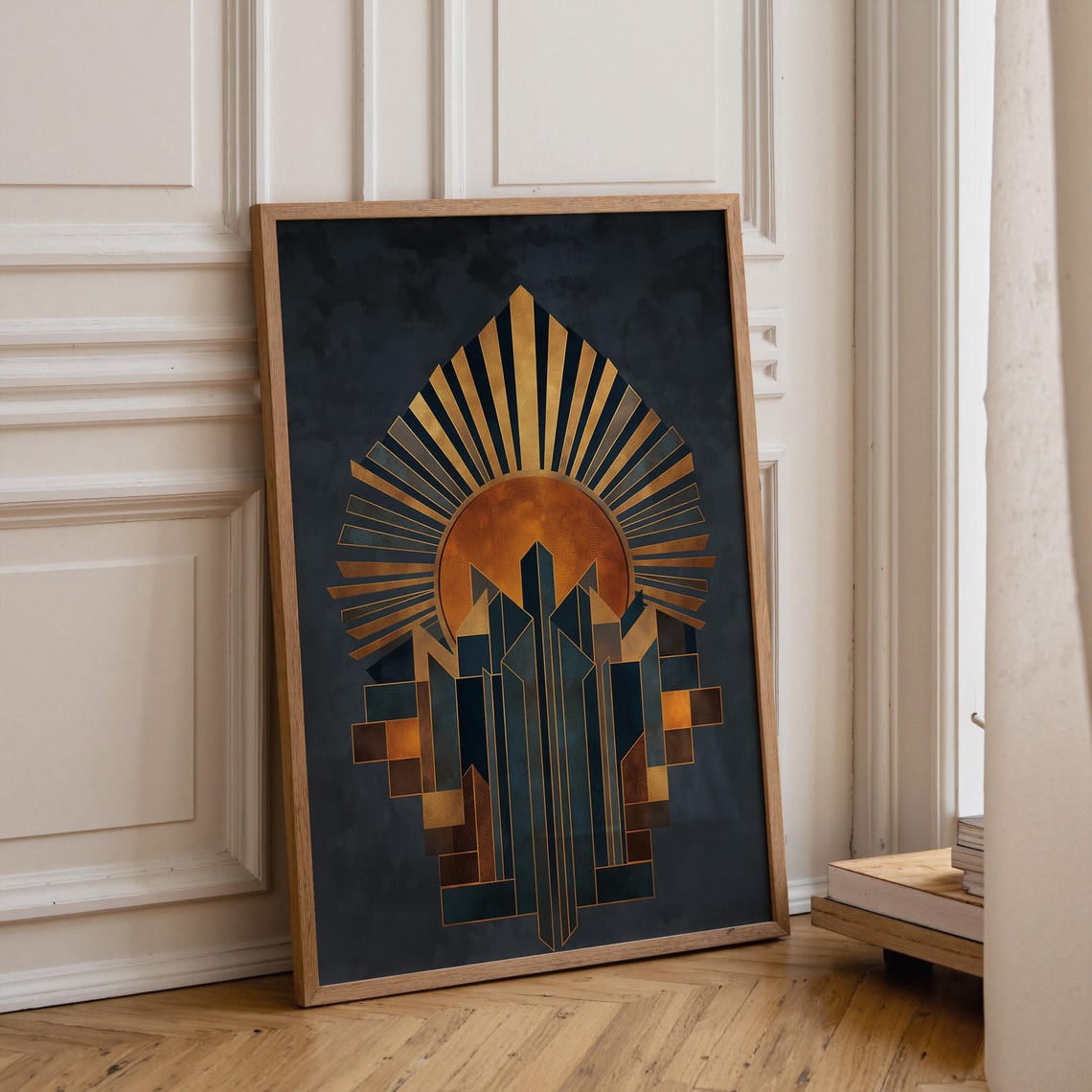 Art Deco City Geometric Sunburst Navy Gold Architecture Decor Vintage ...