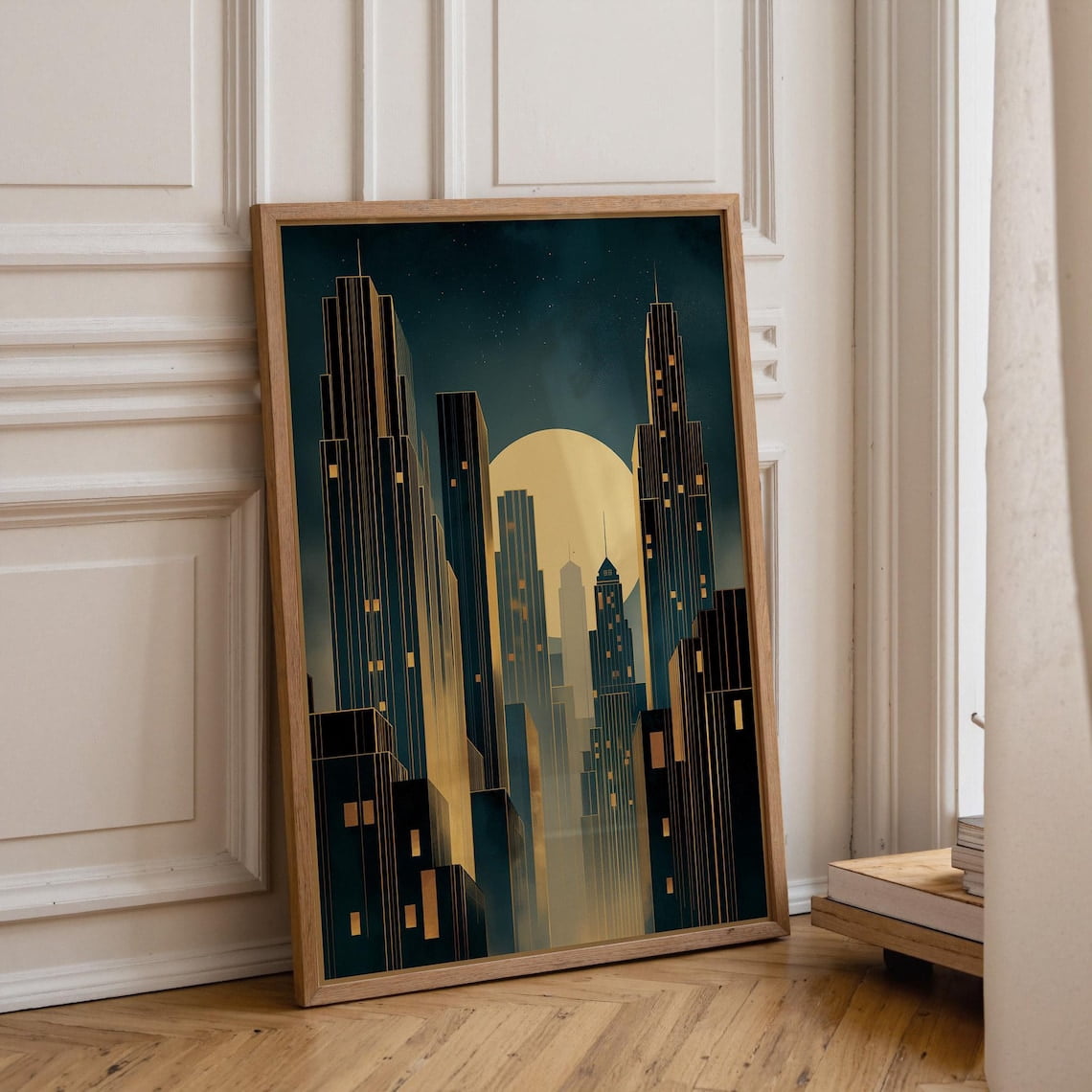 Art Deco Cityscape Night City With Moon Navy Gold Architecture Decor ...