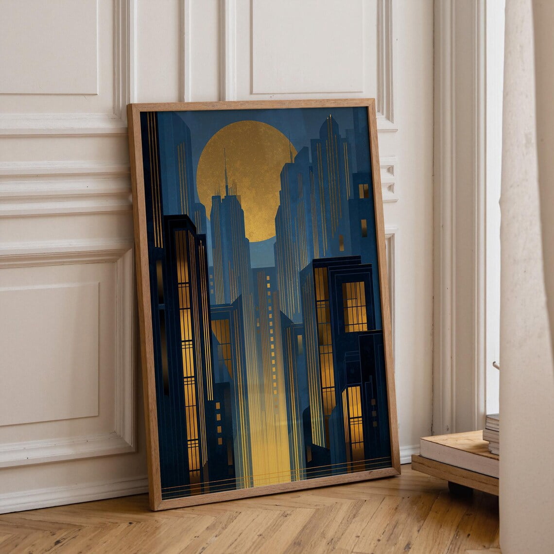 Art Deco Cityscape Night City With Moon Navy Gold Architecture Decor ...