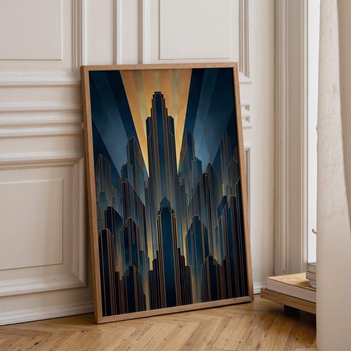 Art Deco Cityscape Wall Art Print, Night City Poster with Moon, Navy ...