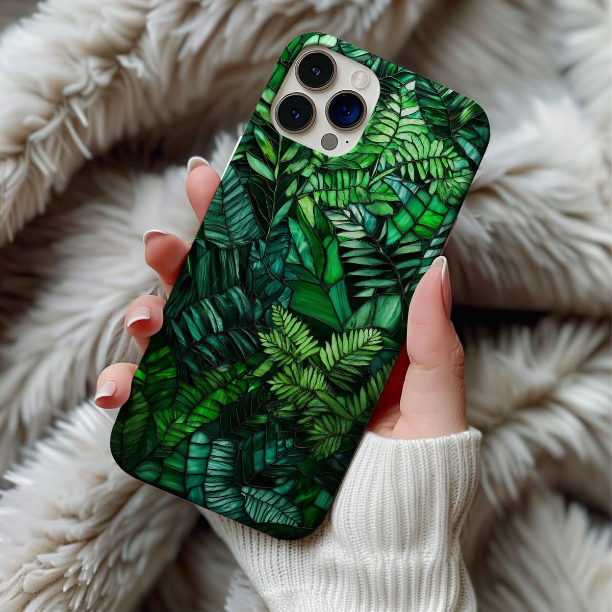 Art Deco Dark Green Artful Trendy Stained Glass Forest Fern Case with ...
