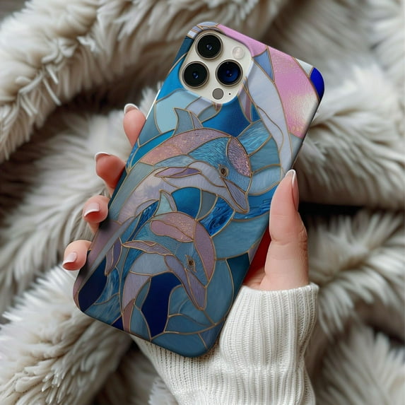 Art Deco Dolphin Stained Glass Ocean Phone Case with iPhone 17 to 11 ...