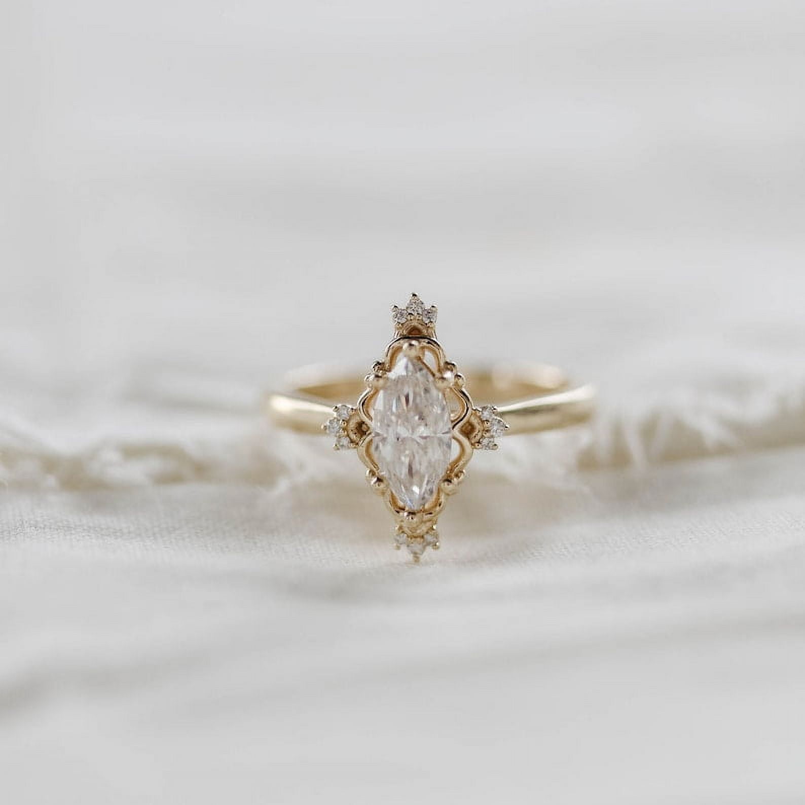 Art Deco Elegant Dainty 10K Solid Gold Thin Band Ring Inset Marquise ...