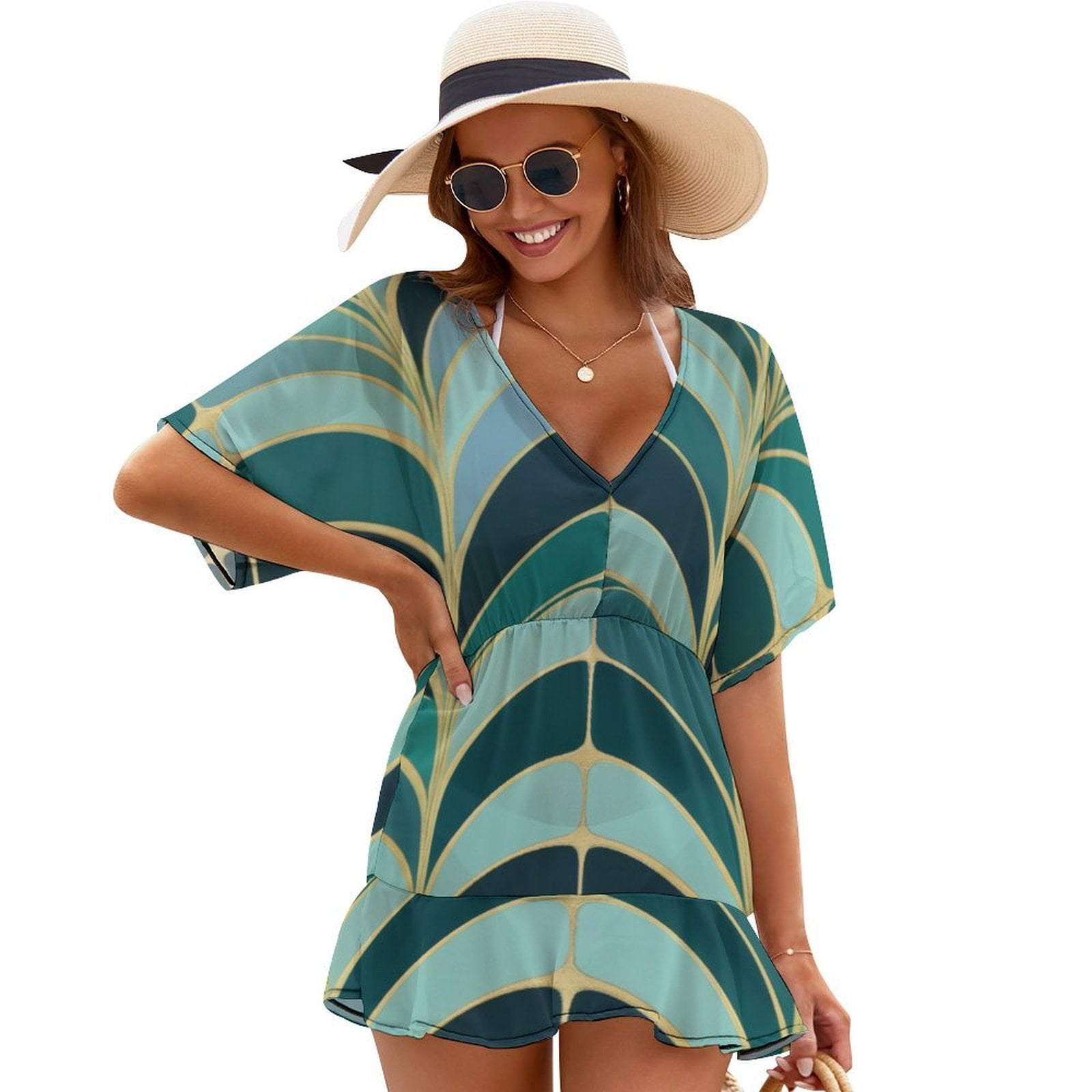 Art Deco Fan Pattern Beach Cover Ups Women V Neck Short Sleeve Dress ...
