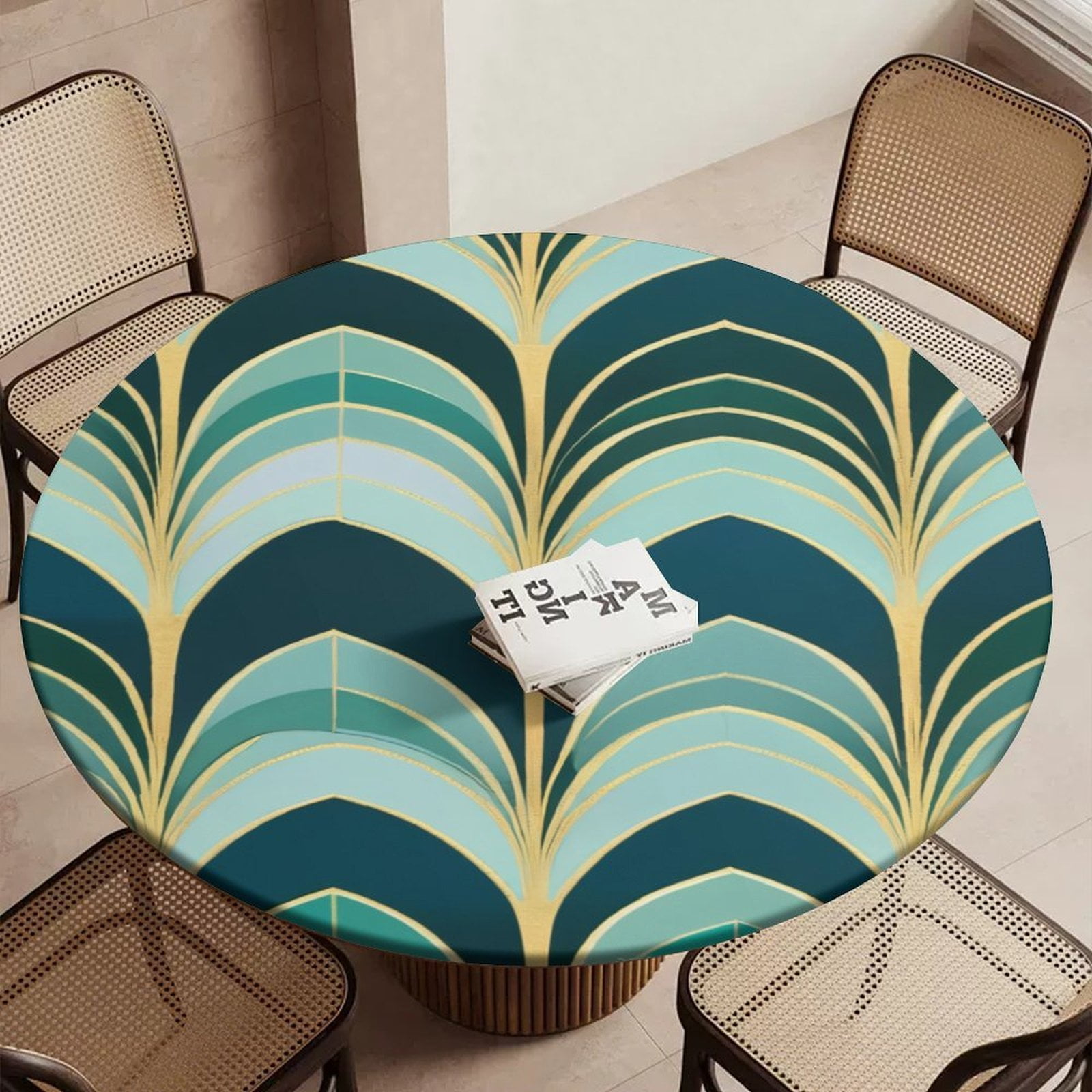 Art Deco Fan Pattern Round Table Cover Kitchen Printed Waterproof Tablecloth Elastic Edged ...