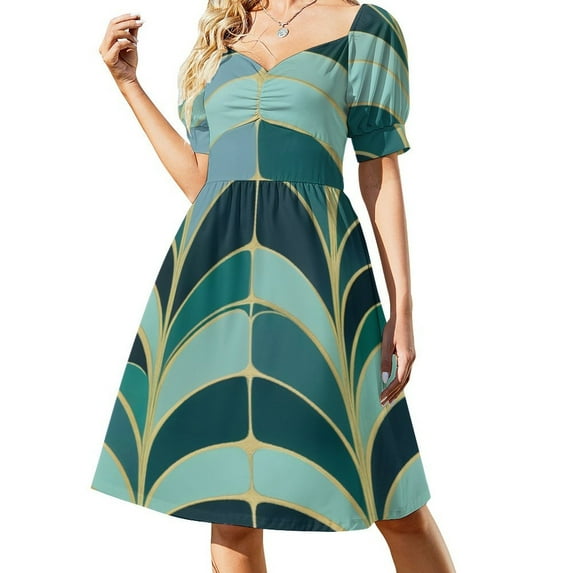 Art Deco Fan Pattern Short Sleeve Dress Clothes Women's Summer Dress ...