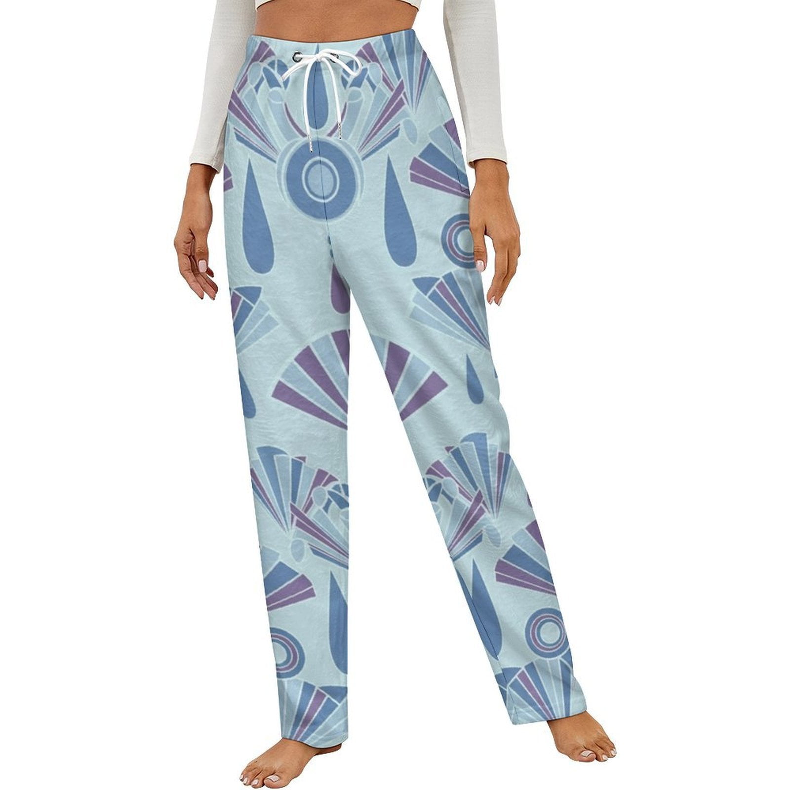 Art Deco Fan Pattern Winter Female Pants Flannel High Waist Women Pants ...
