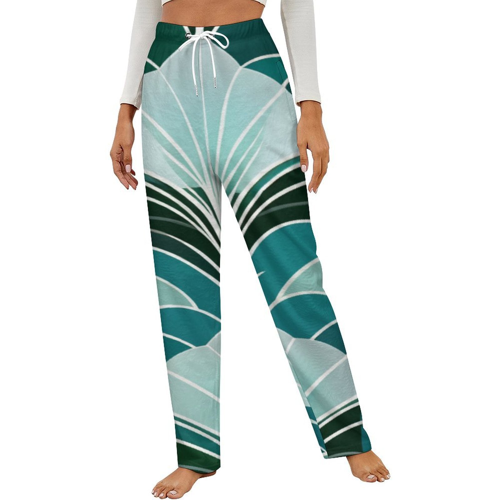 Art Deco Fan Pattern Winter Female Pants Flannel High Waist Women Pants ...