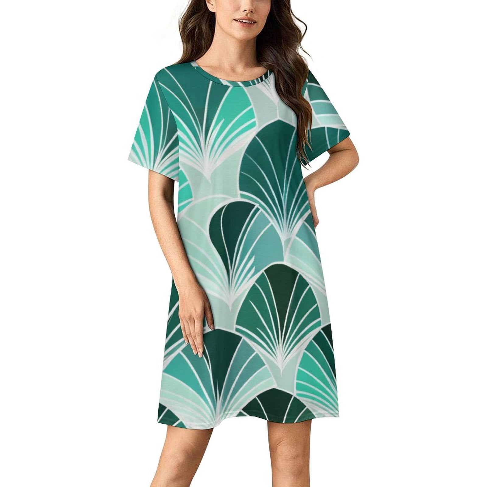 Art Deco Fan Pattern Women Nightgown Sleepwear Short Sleeves For ...