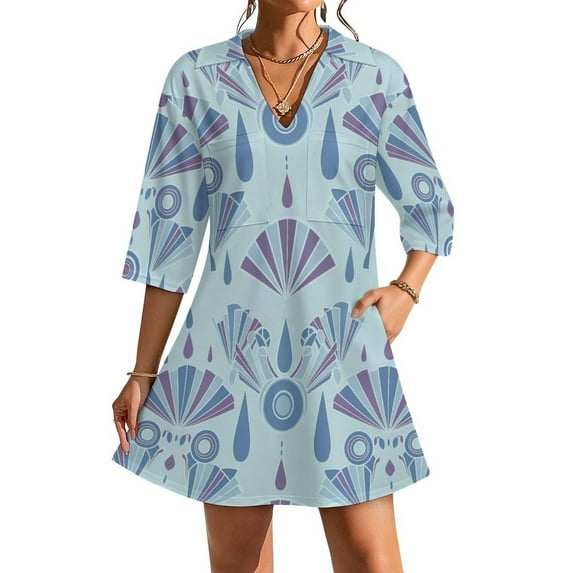Art Deco Fan Pattern Womens Dress With Pockets Summer V Neck 3/4 Sleeve ...