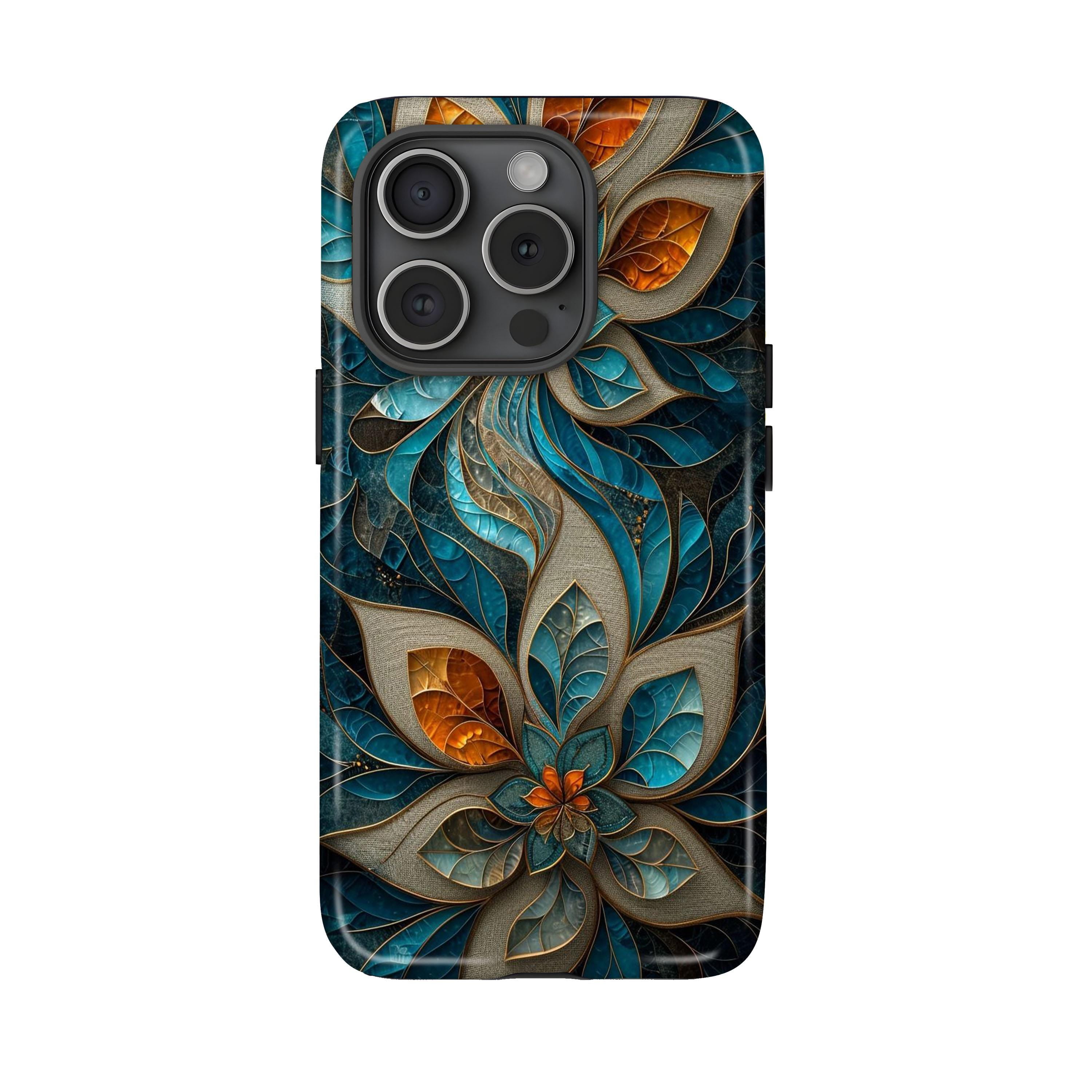 Art Deco Floral Metal Texture Blue Orange Phone Case iPhone 17 11 12 13 14 15 16 Pro Max ...