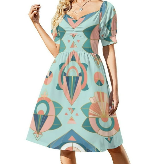 Art Deco Geometric Pattern Short Sleeve Dress Clothes Women's Summer ...