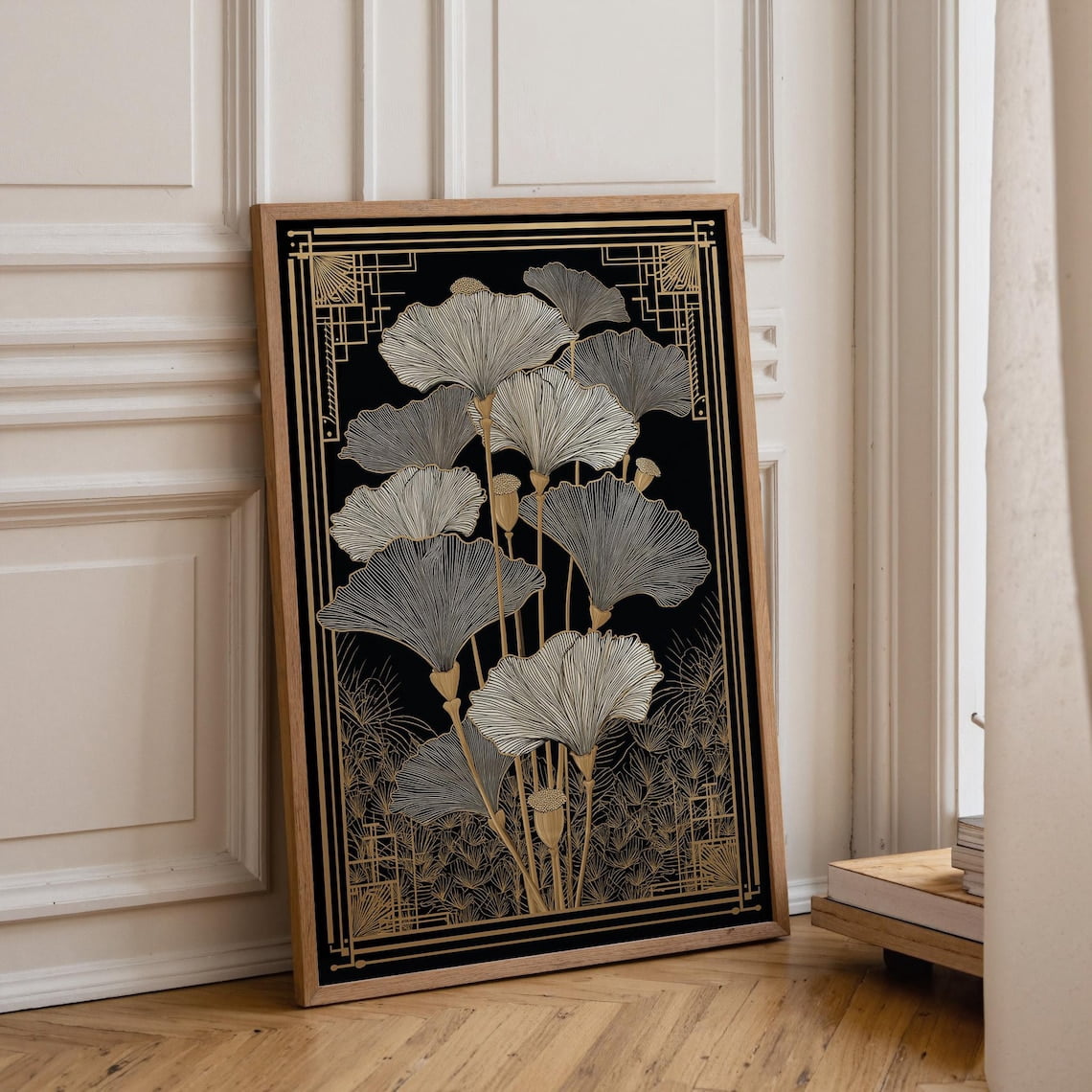 Art Deco Ginkgo Leaf Wall Art, Gold Botanical Print on Black, Vintage ...