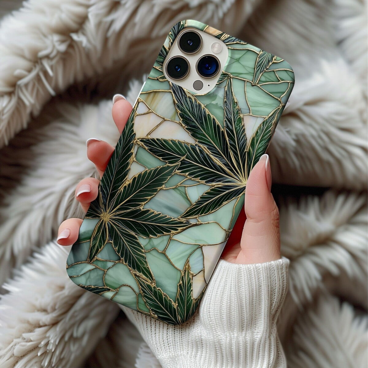 Art Deco Green Leaf Stained Glass Phone Case 17 16 15 14 13 12 11 Pro ...