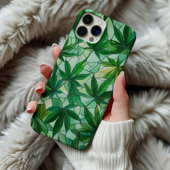 Art Deco Green Leaf Stained Glass Style Phone Case 17 16 15 14 13 12 11 ...