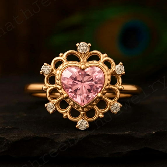 Art Deco Heart Cut Pink Sapphire Engagement Ring White Gold Moissanite ...