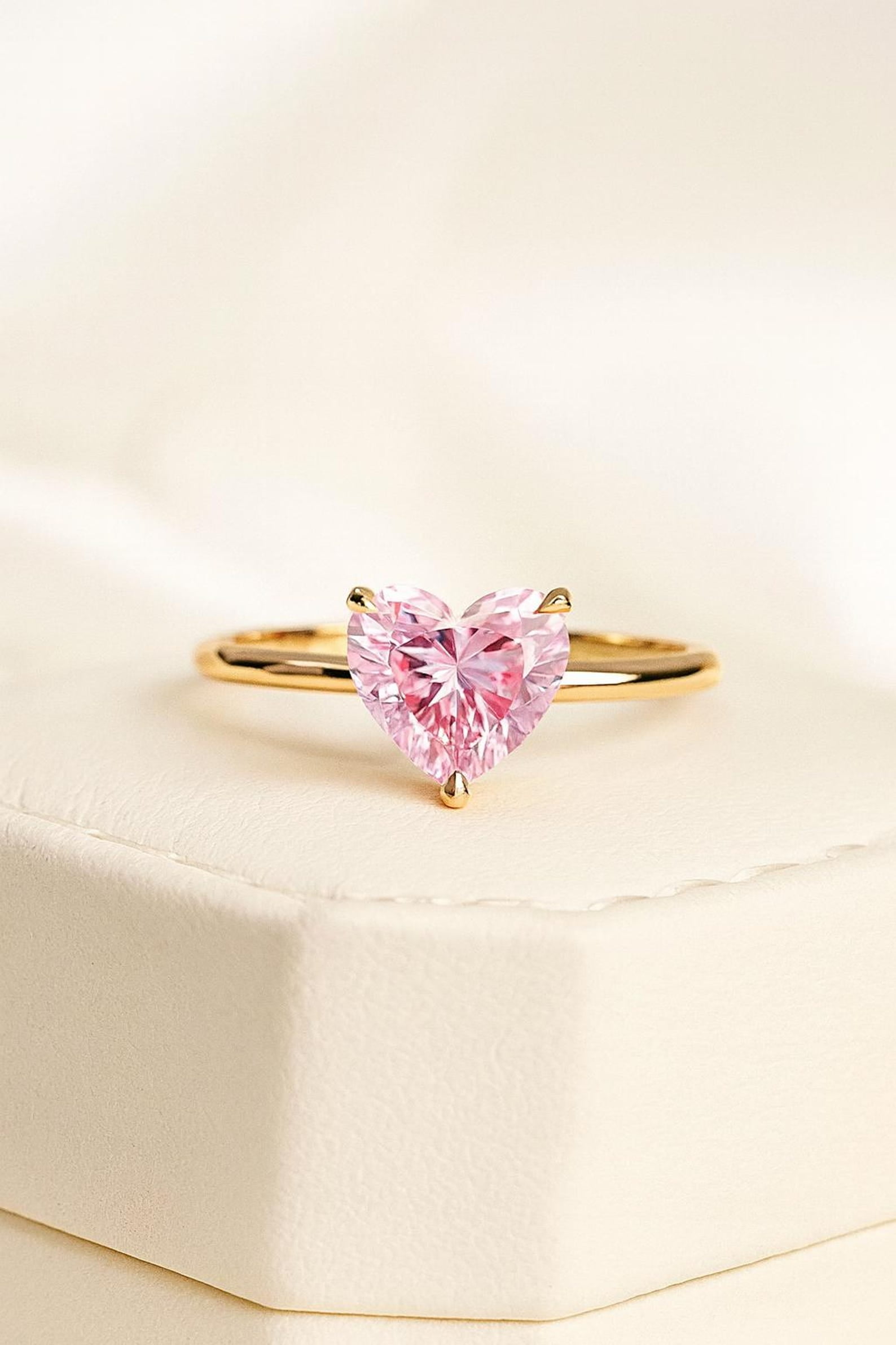 Art Deco Heart Cut Pink Sapphire Engagement Ring White Gold Moissanite ...