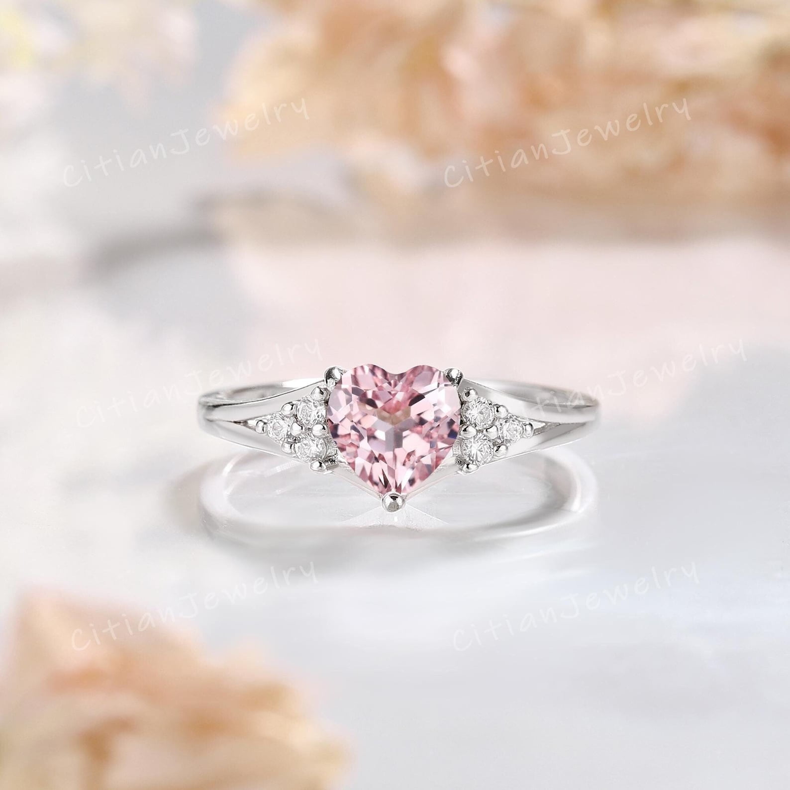 Art Deco Heart Cut Pink Sapphire Engagement Ring White Gold Moissanite ...