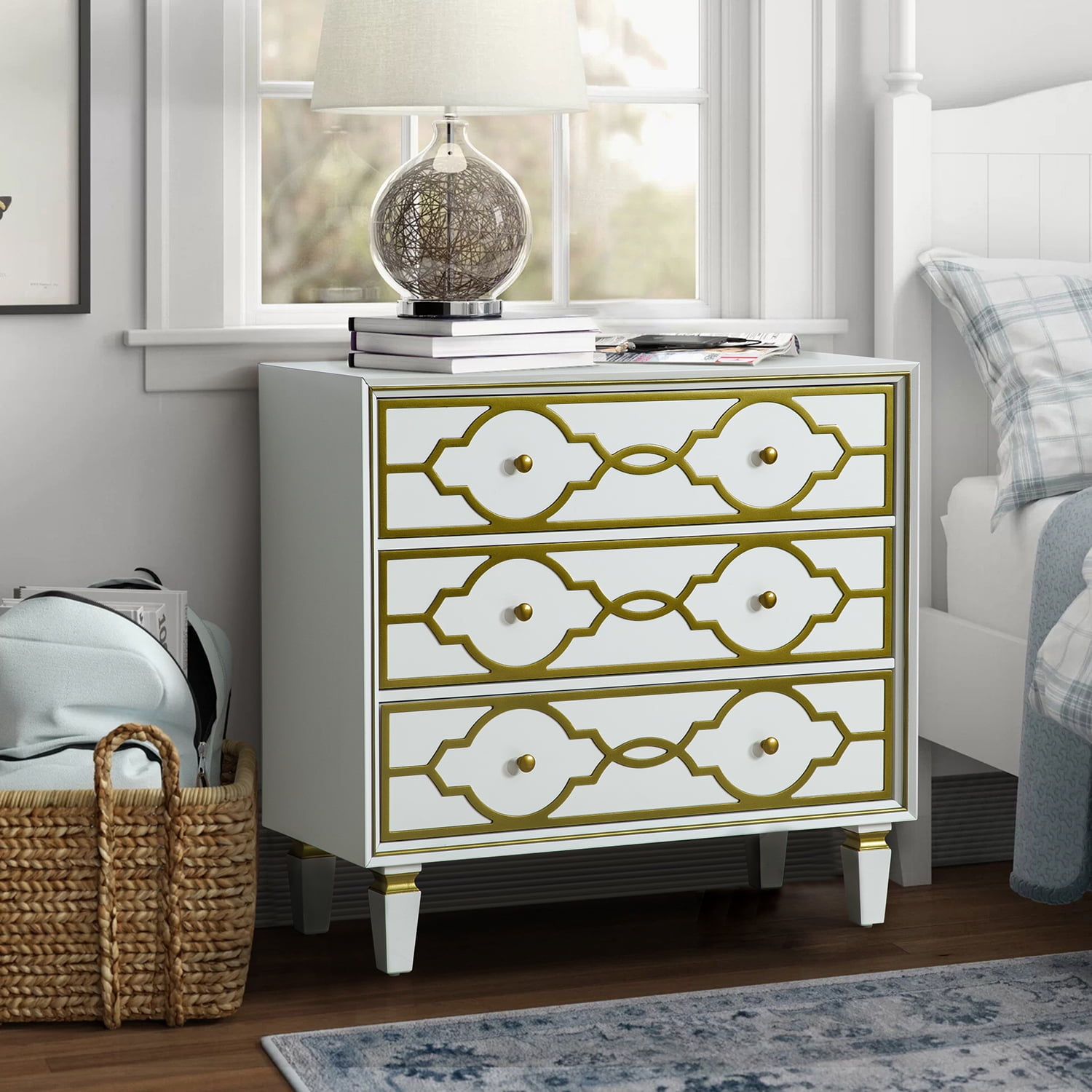 Art Deco Inspired 5-Drawer Accent Chest in White - Glamorous Inlay with ...