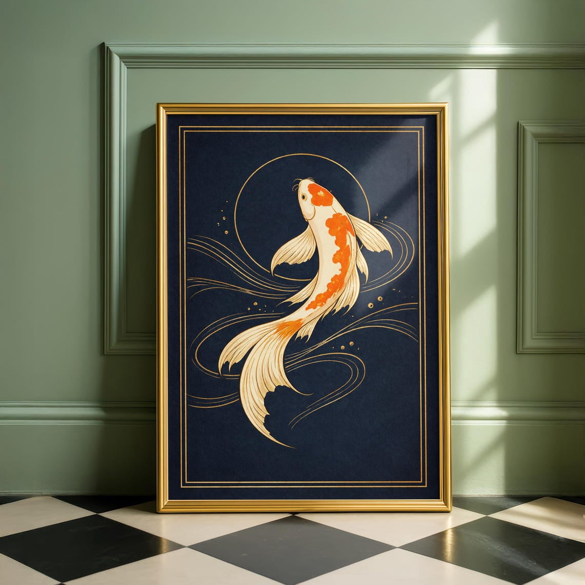 Art Deco Koi Fish Indigo Gold Japanese Wall Art, Stretched Canvas ...