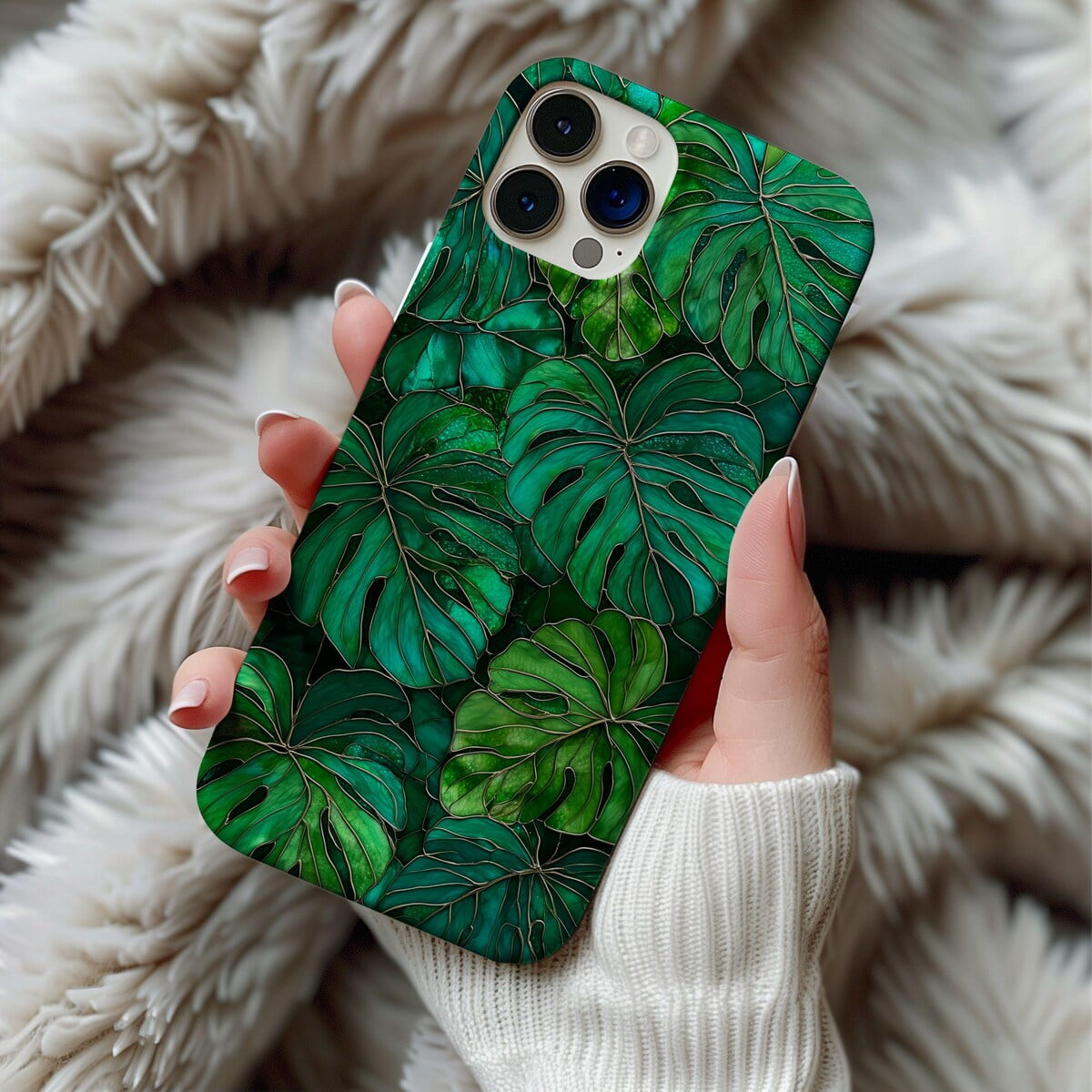 Art Deco Monstera Green Plant Stained Glass Phone Case with iPhone 17 ...