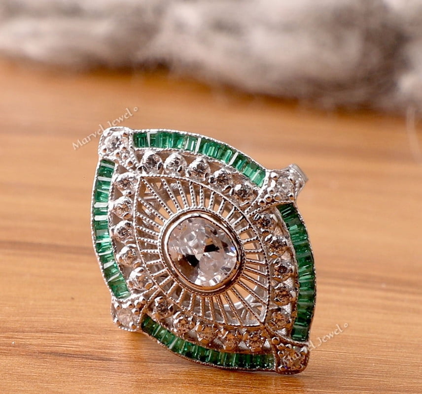 Art Deco Openwork Filigree Diamond Ring, Oval Cut Bezel Set Diamond ...