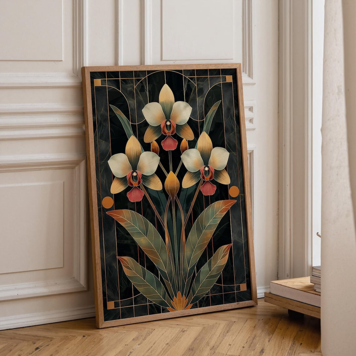 Art Deco Orchid Emerald Green and Gold Floral Vintage Luxury Botanical ...