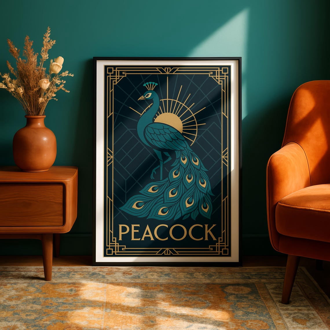 Art Deco Peacock Teal & Gold Vintage Wall Art, Unframed Poster ...