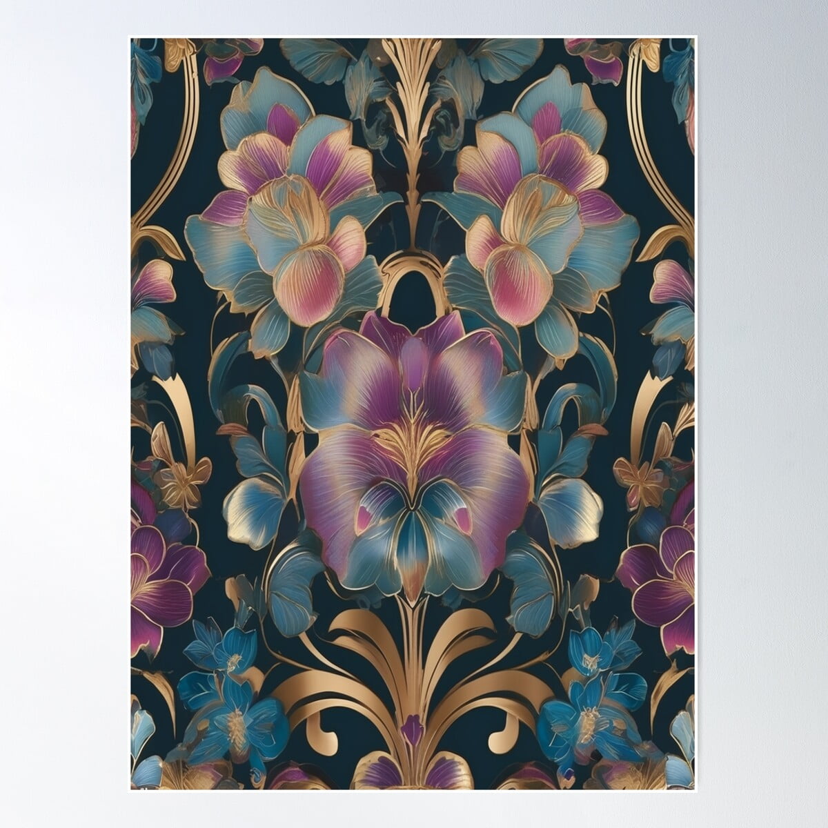 Art Deco Purple Gold Flower Pattern Poster Wall Art, Modern Wall Decor ...