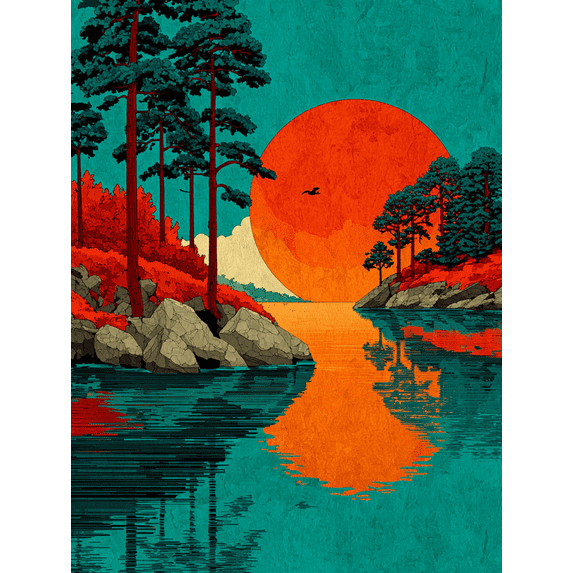 Art Deco Retro Sunset Canvas Wall Art, Golden Hour Landscape Print ...
