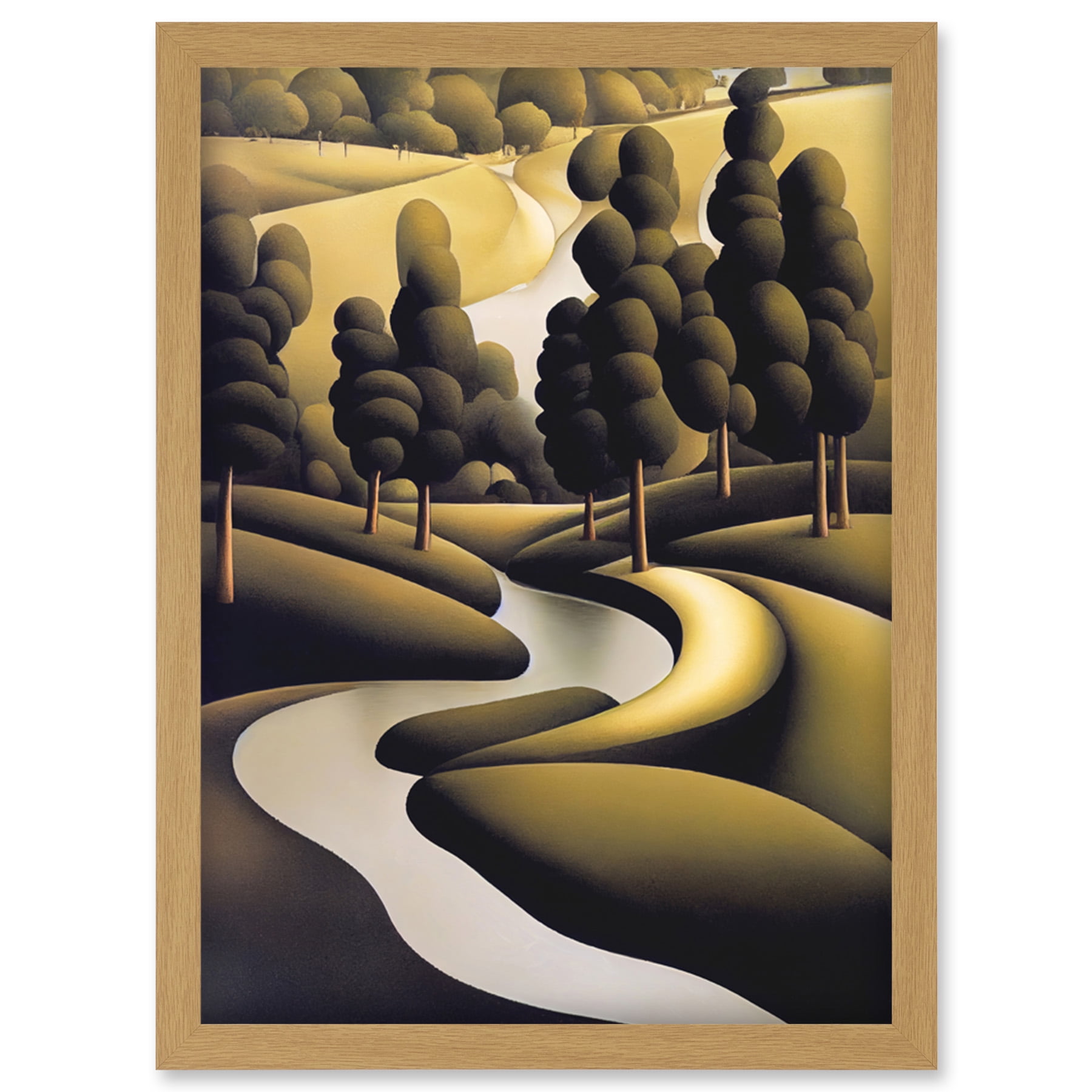 Art Deco River Landscape With Stylised Cypress Trees Artwork Framed ...