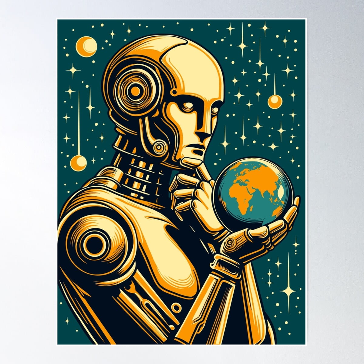 Art Deco Robot Holds The World In Its Hands Poster Wall Art, Modern ...