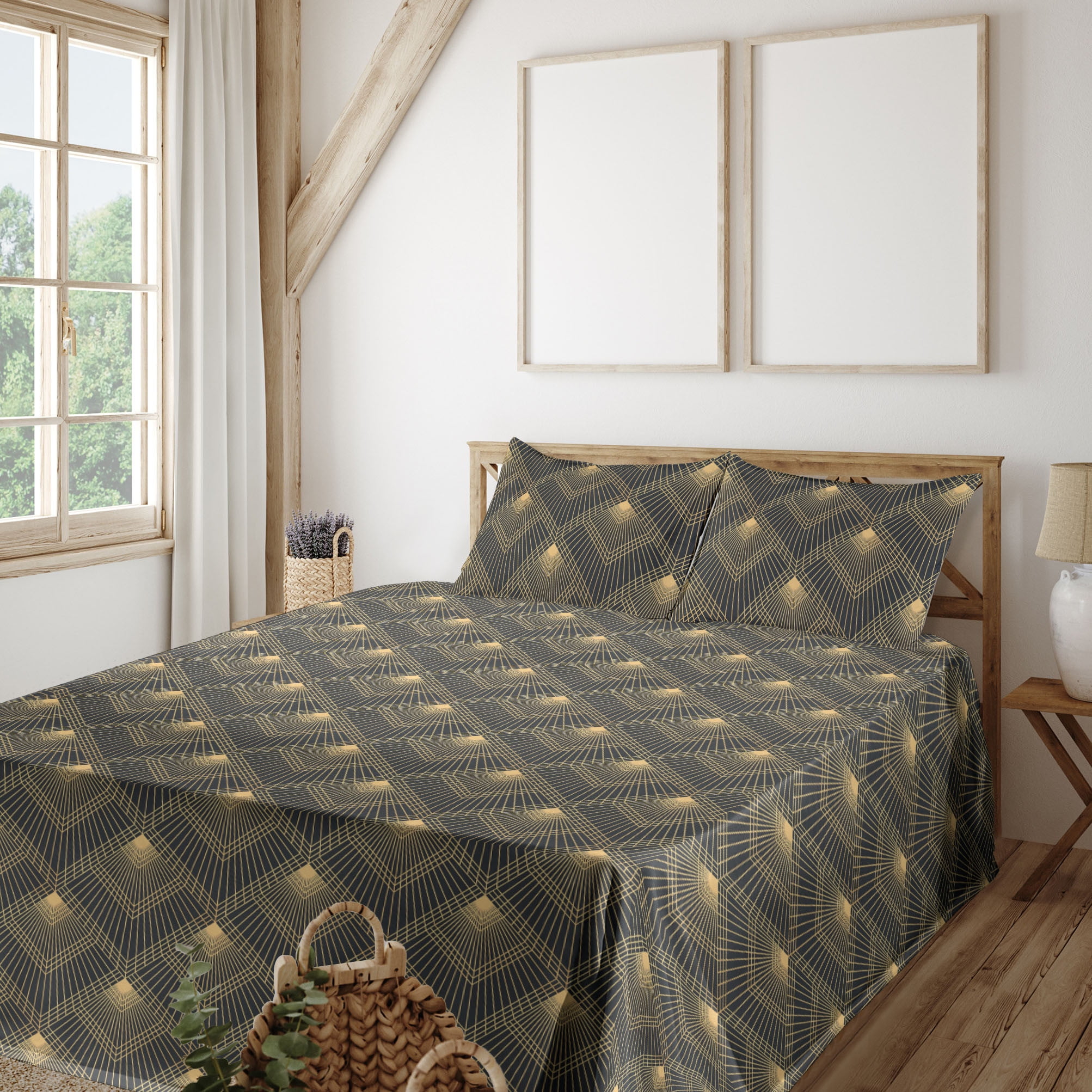 Art Deco Sheet Set, Geometric Retro Striped Square Scale Pattern ...
