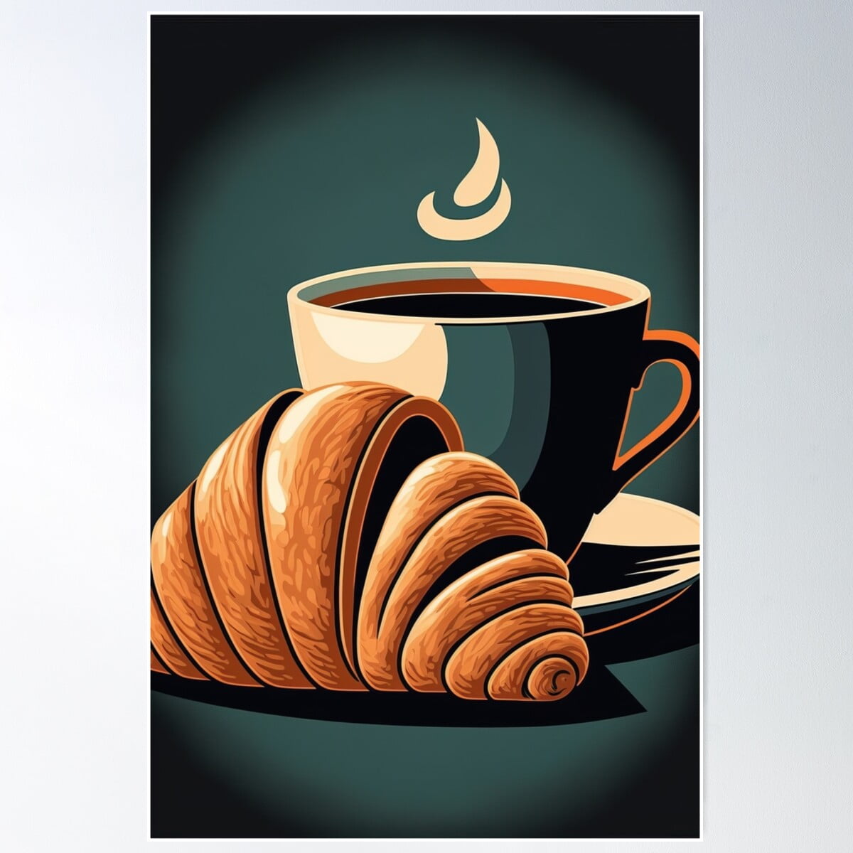 Art Deco Steaming Cup Of Coffee With Croissant Poster Wall Art, Modern ...