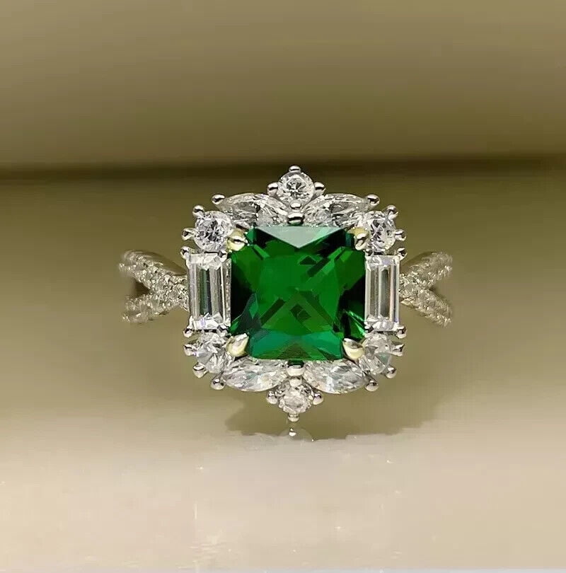 Art Deco Style 2Ct Asscher Cut Lab Created Green Emerald 14K White Gold ...