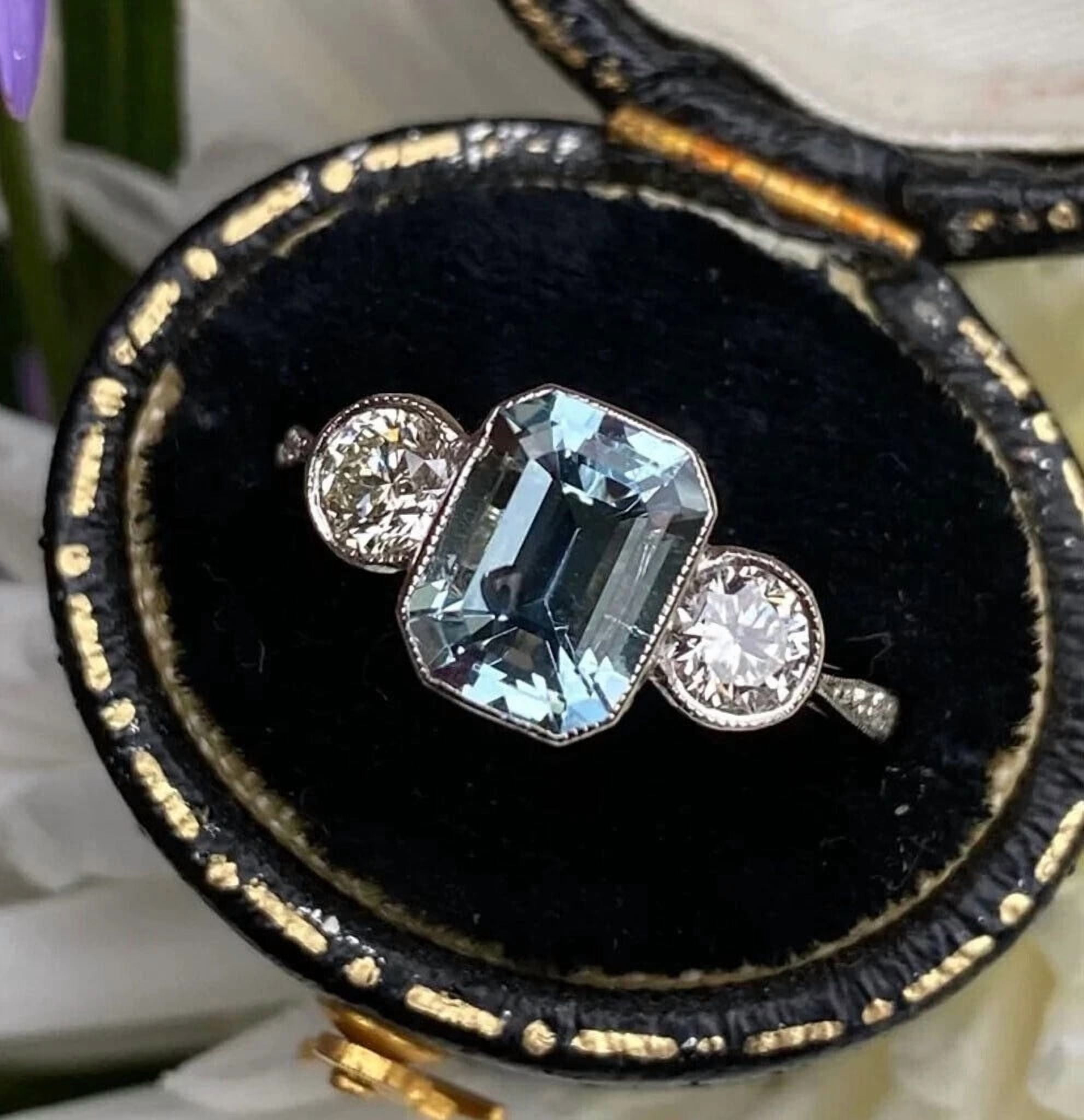 Art Deco Style Ring 3Ct Emerald Cut Lab Created Aquamarine Engagement ...