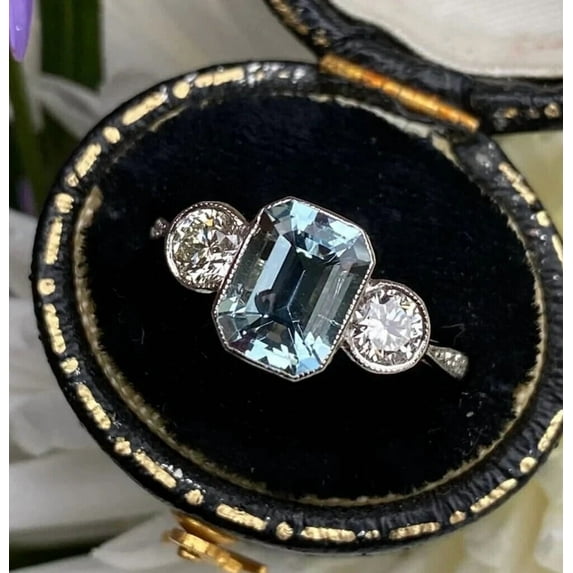 Art Deco Style Ring 3Ct Emerald Cut Lab Created Aquamarine Engagement ...