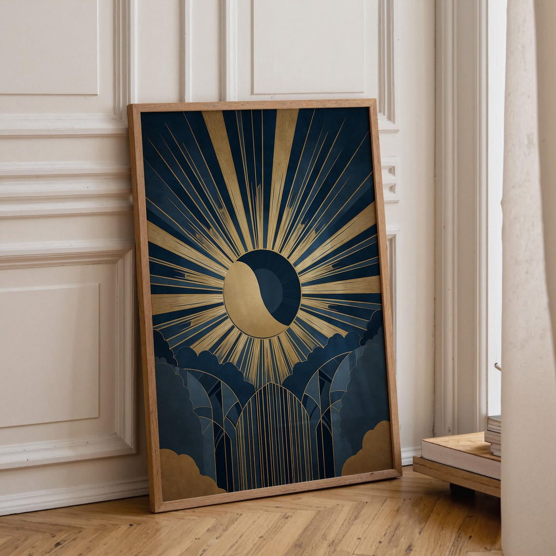 Art Deco Sun and Moon Celestial Astrology Gold Navy Cosmic Vintage ...