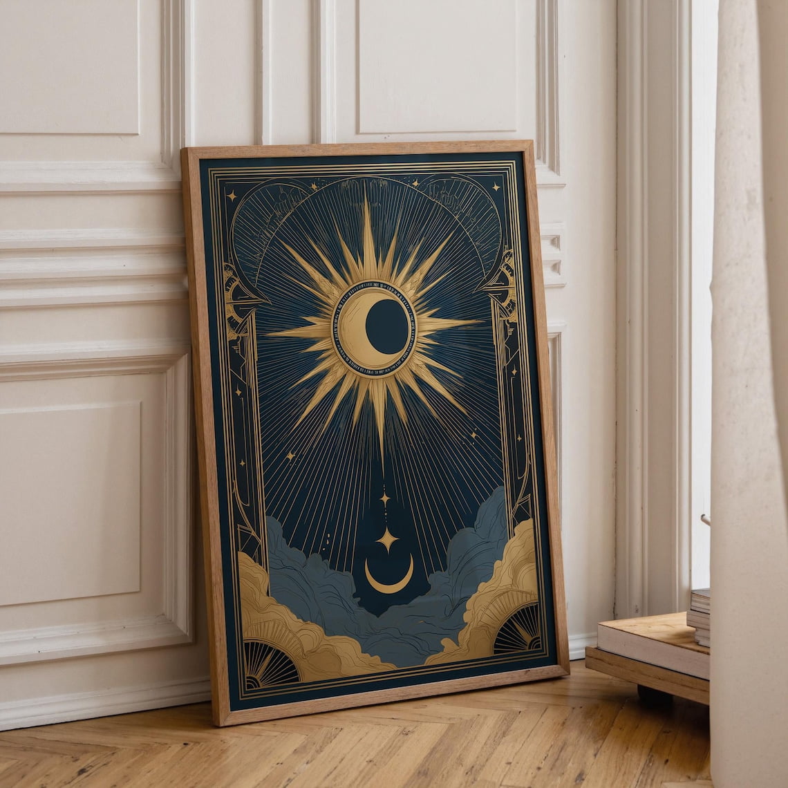 Art Deco Sun and Moon Celestial Astrology Gold Navy Cosmic Vintage ...