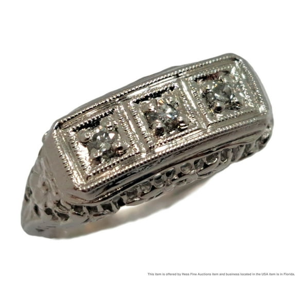 Art Deco Three Stone Engagement Ring, Women's Pave Set Milgrain Wedding ...