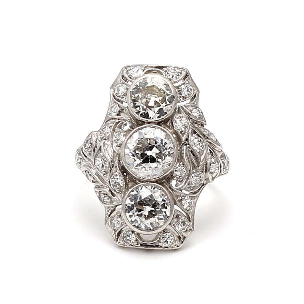 Art Deco Three Stone European Anniversary Ring, Bezel Set Vintage ...