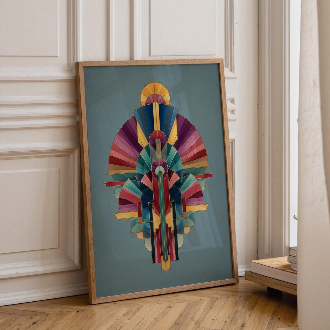 Art Deco Wall Art Print, Geometric Fan Design, Teal Orange Gold Poster ...