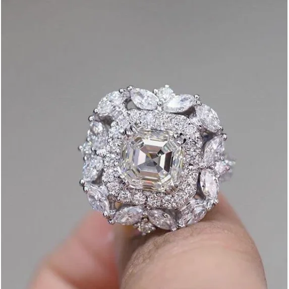 Art Deco Wedding Ring, 14K White Gold Plated, Cluster Diamond ...