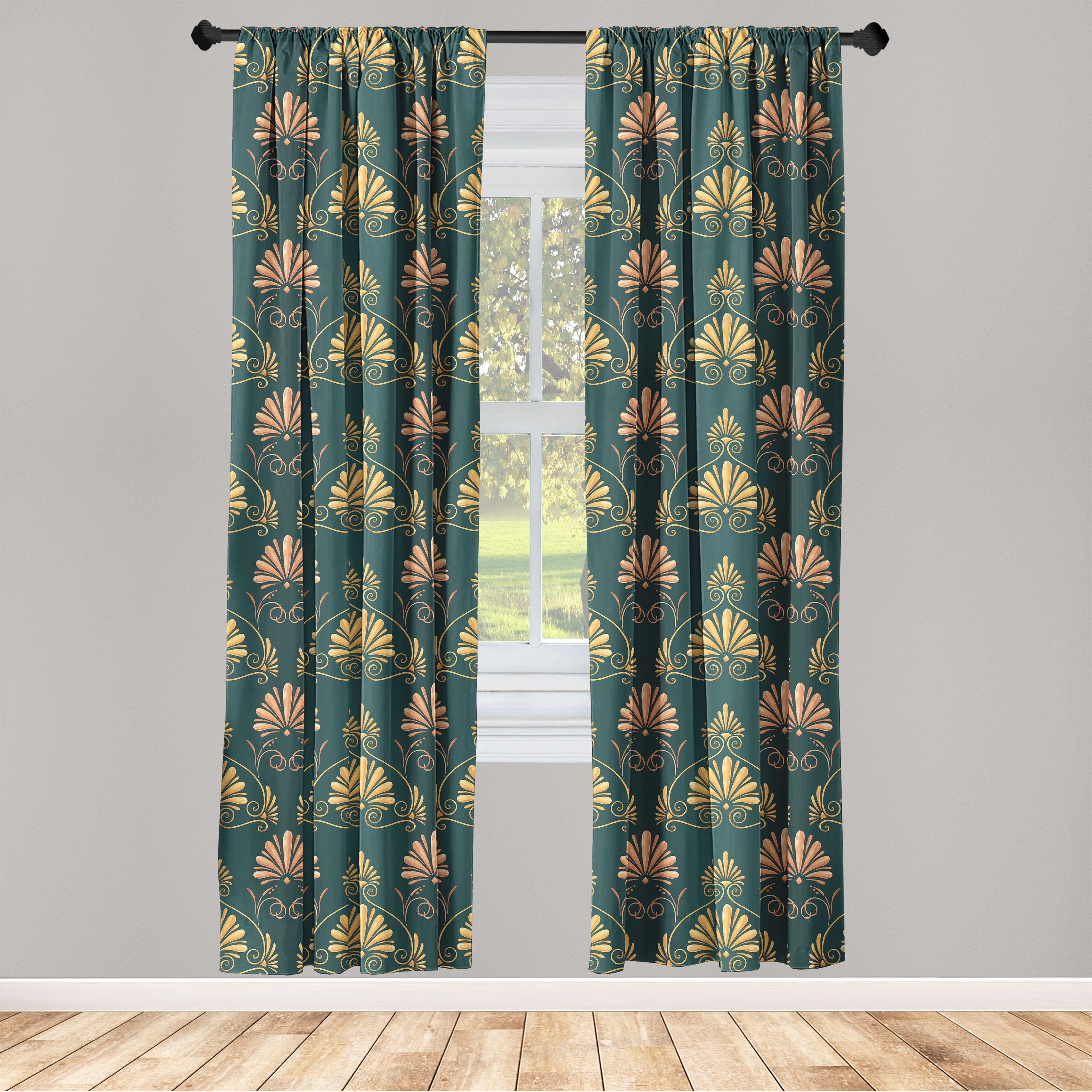 Art Deco Window Curtains, Shell Shapes and Curlicue Vintage Ornaments ...