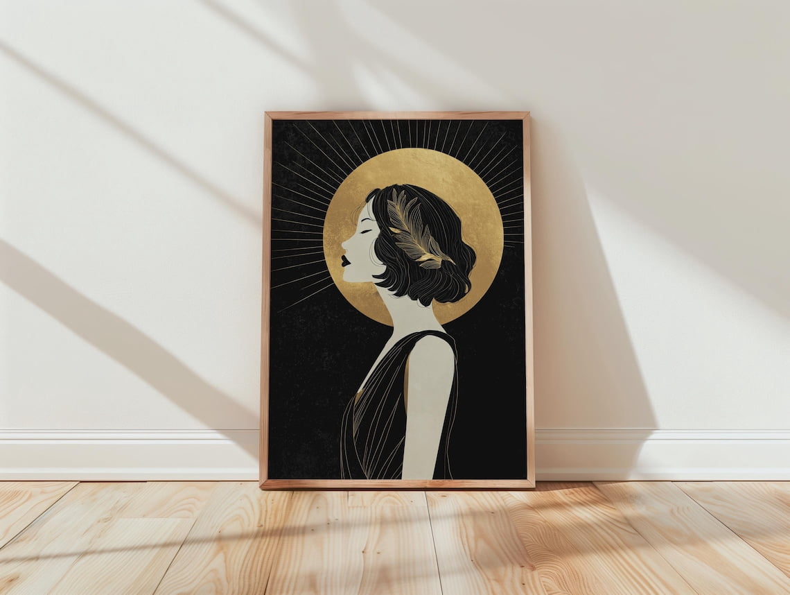 Art Deco Woman Portrait Black Gold Minimalist Wall Art Living Room ...
