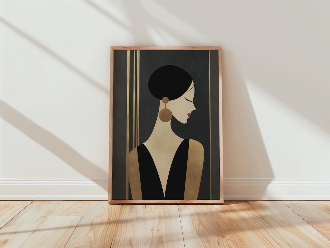 Art Deco Woman Portrait Print, Black Gold Minimalist Wall Art, Living ...