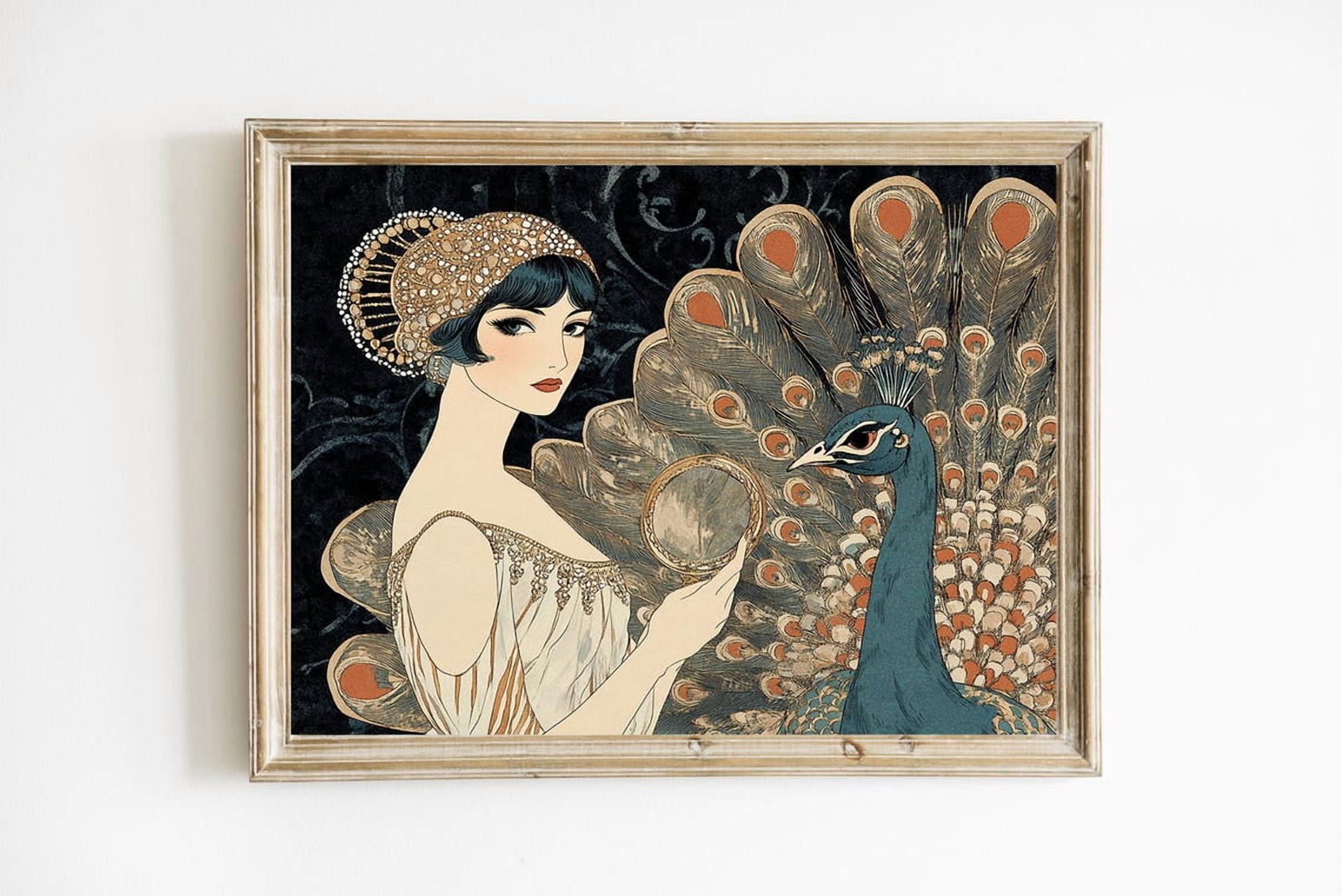 Art Deco WomanVintage Eclectic Portrait Vintage Art Antique Portrait Woman with Peacock Poster ...