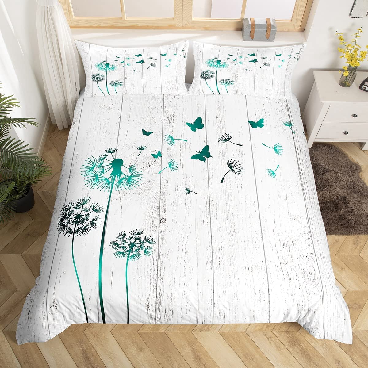 Art Duvet Cover Dandelion Flower Arrangement Petals Doves Flying s ...