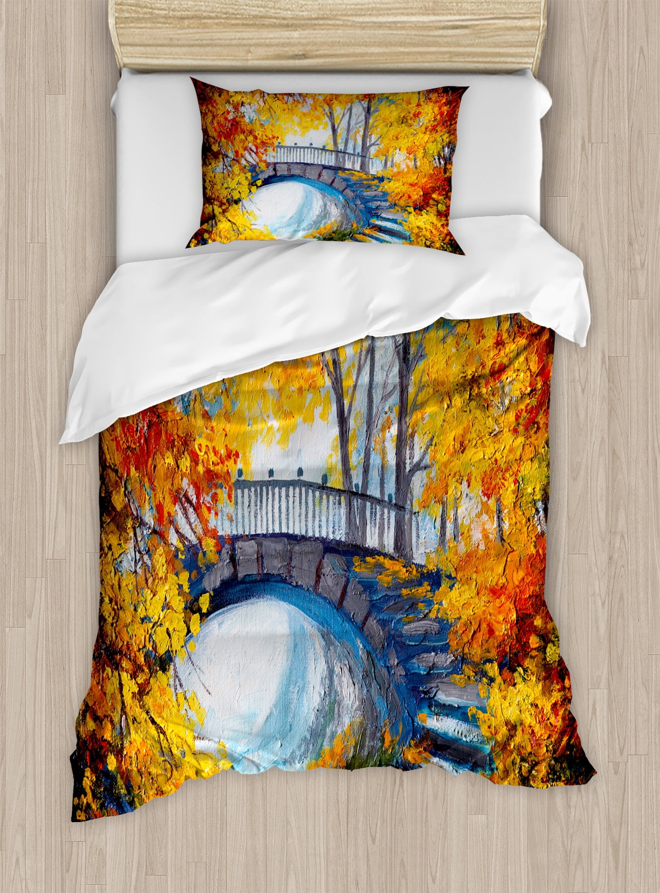 Art Duvet Cover Set, Autumn Forest with a Bridge over Road Dramatic ...