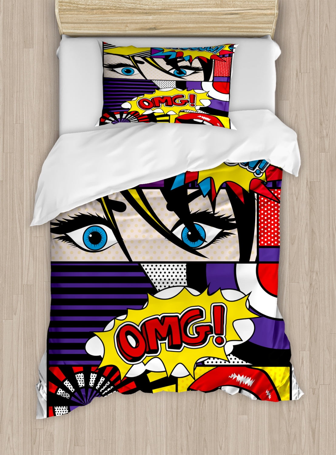 Art Duvet Cover Set Twin Size, Comic Book Inspired Style Wooow Omg Eyes ...